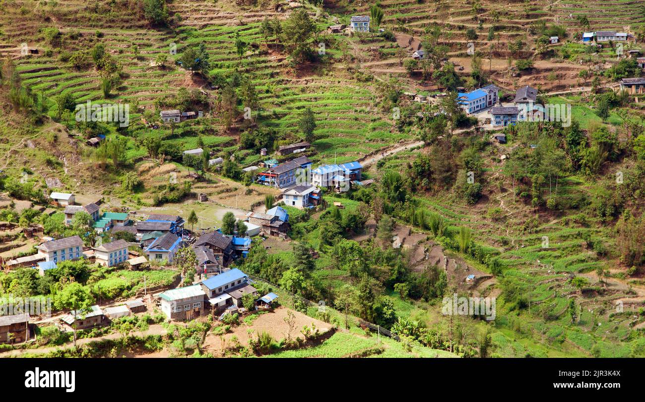 Kharikhola village, Nepalese Himalayas mountains, Trek from Jiri bazar to Lukla village and ...