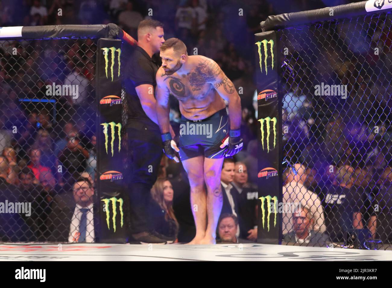 SALT LAKE CITY, UT - AUGUST 20: Tyson Pedro and Harry Hunsucker meet in the octagon for their ...