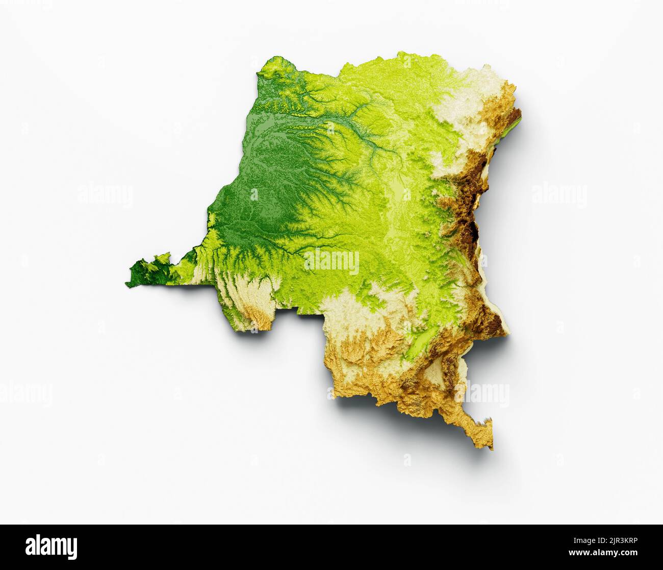 A 3D rendering of the map of Congo in relief colors with a white ...