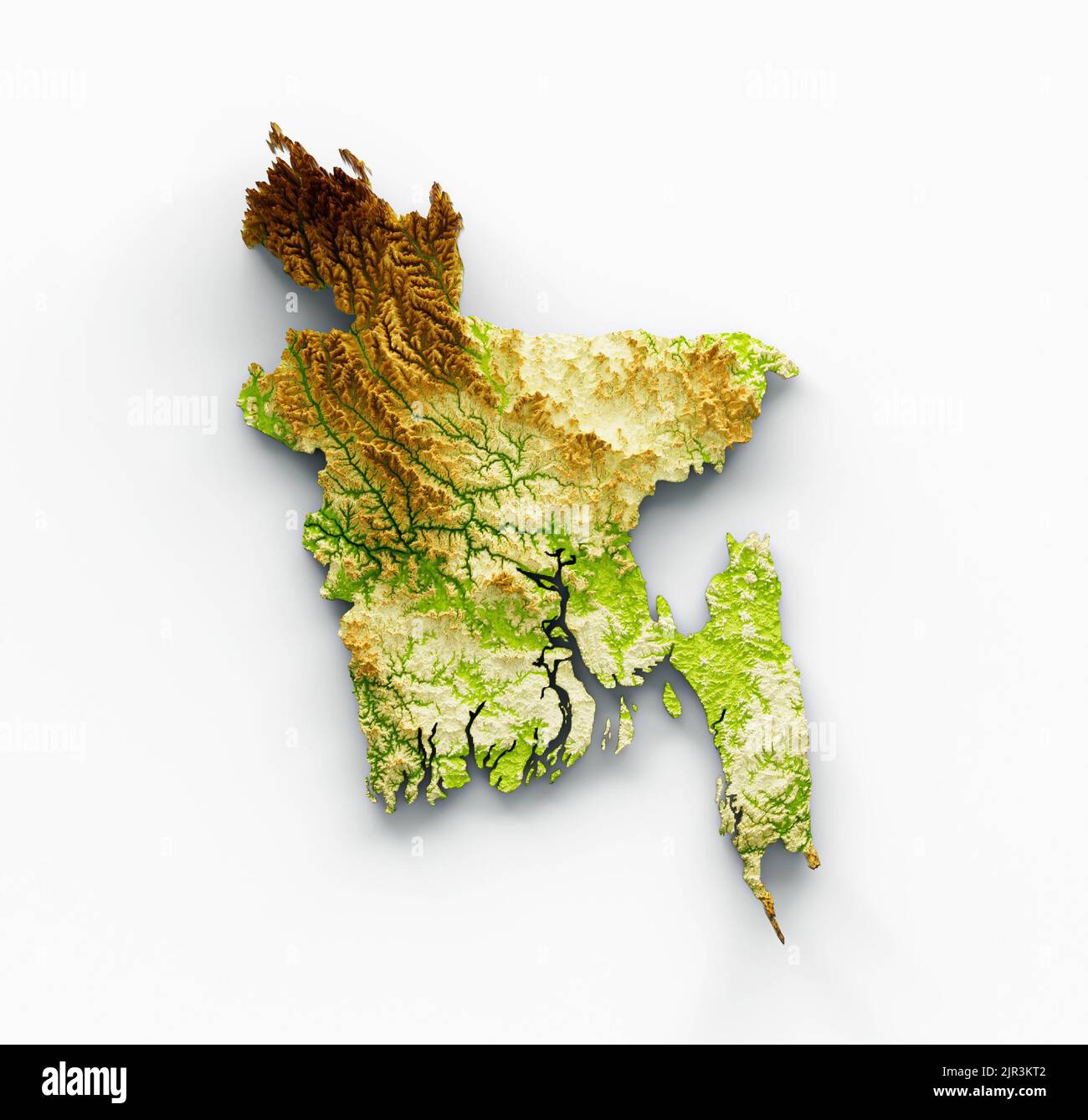 A 3D rendering of the map of Bangladesh in relief colors with a blue ...