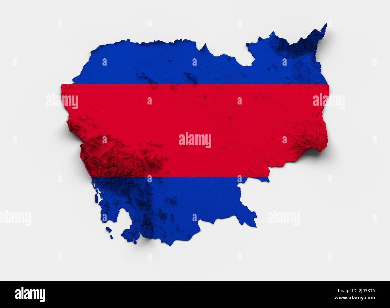 A 3D rendering of the map of Cambodia with relief in Cambodian flag ...