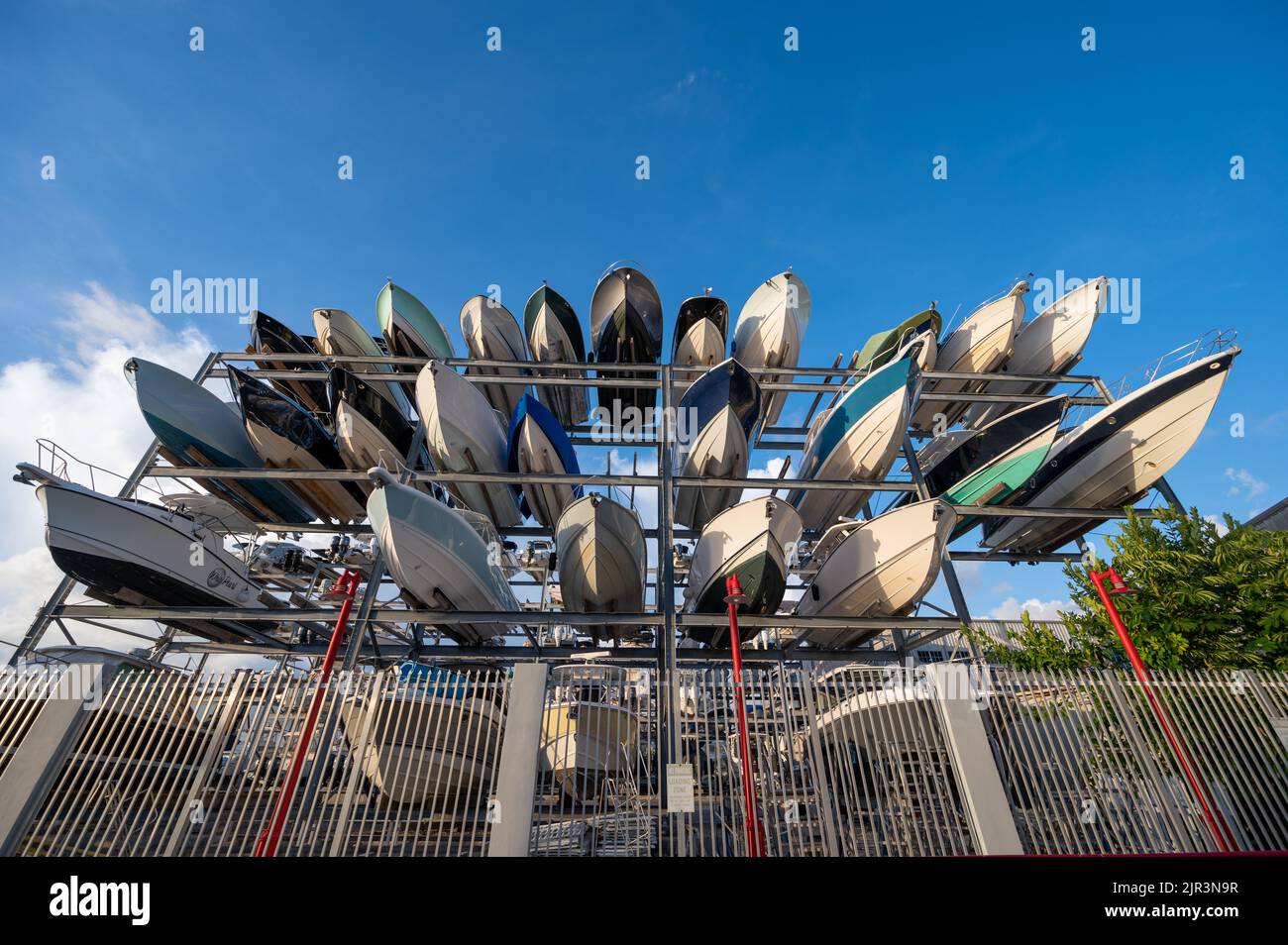 Stacked boats on storage racks in Dinner Key in Coconut Grove, Florida ...