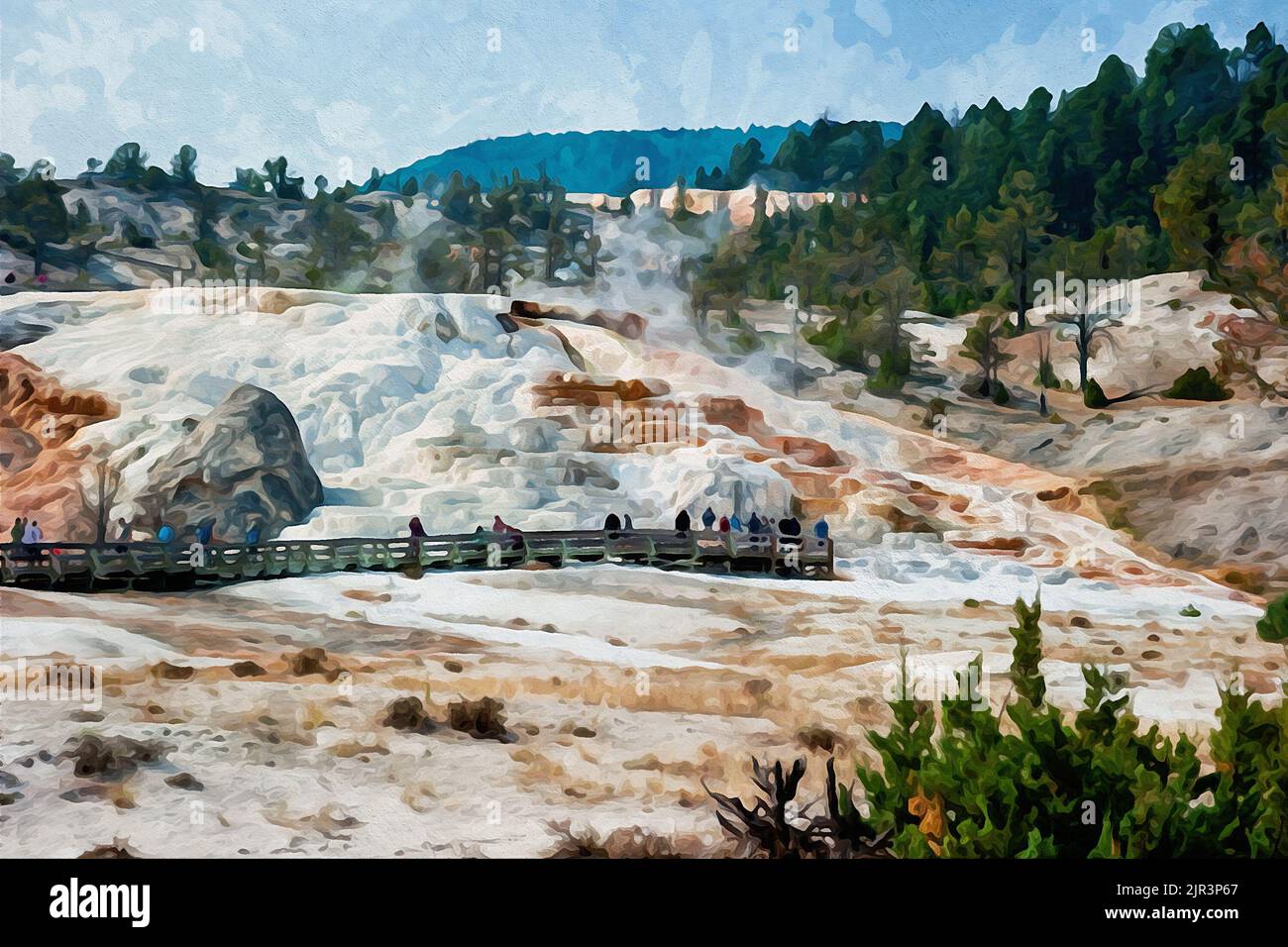 Digitally created watercolor painting of the overlook of Mammoth Hot ...