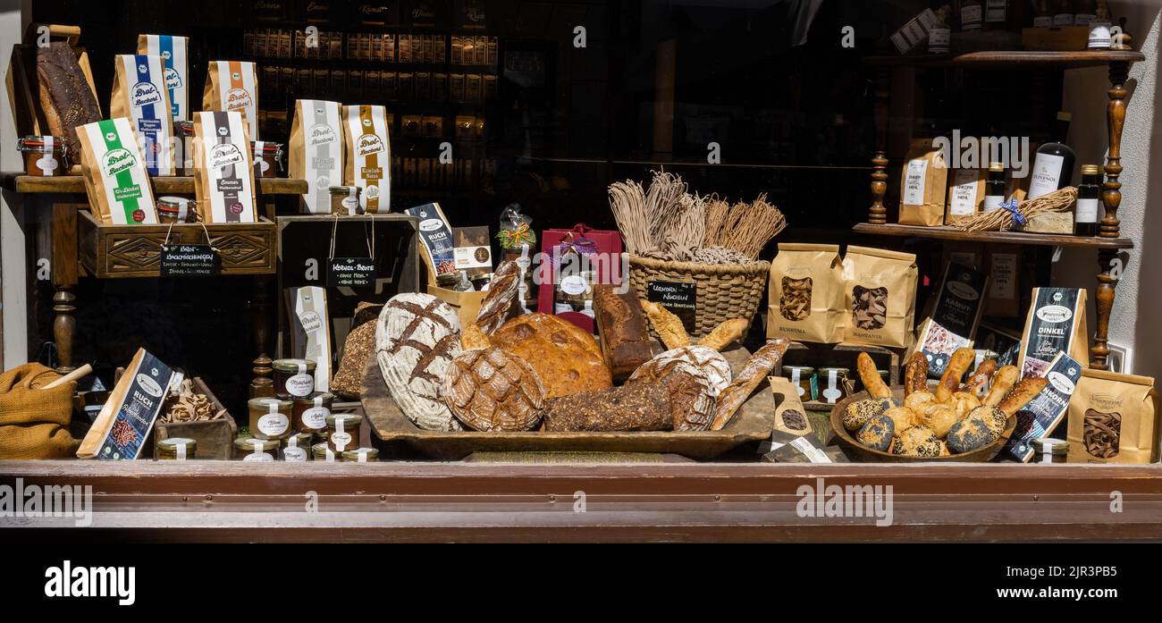 Shop window selling breads and pasta, Mittenwald, Germany Stock Photo ...