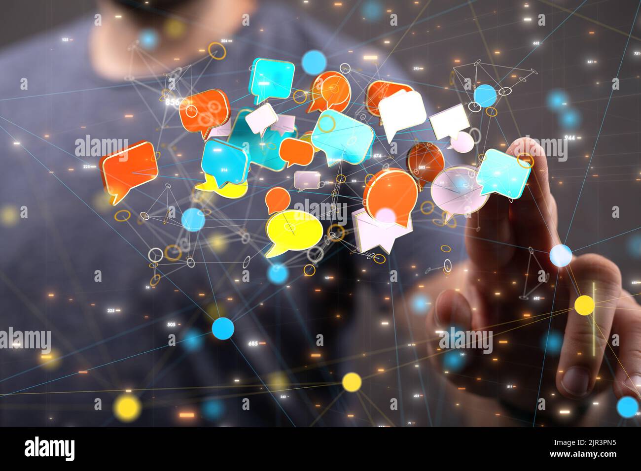 A man pointing on hovering colorful digital message icons - business ...