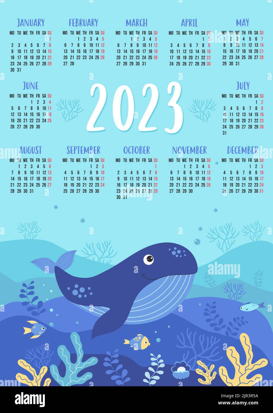 Calendar for 2023 with cute blue whale and underwater landscape. Vector ...