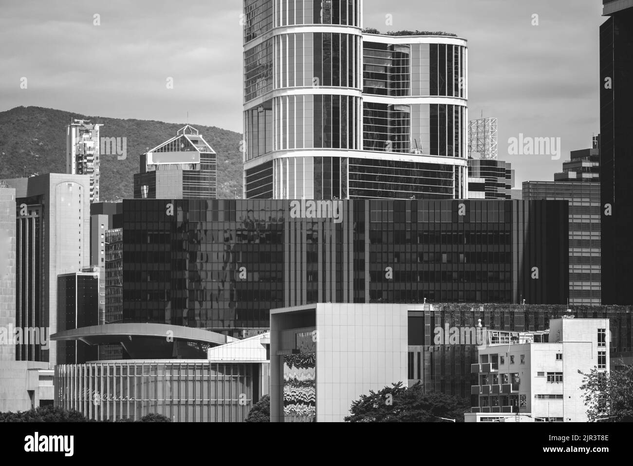 Hong Kong Commercial Building Close Up; black and white color Stock ...