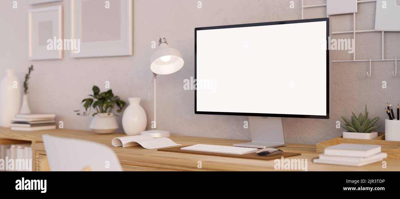 Minimal Scandinavian home working space interior design with blank PC ...