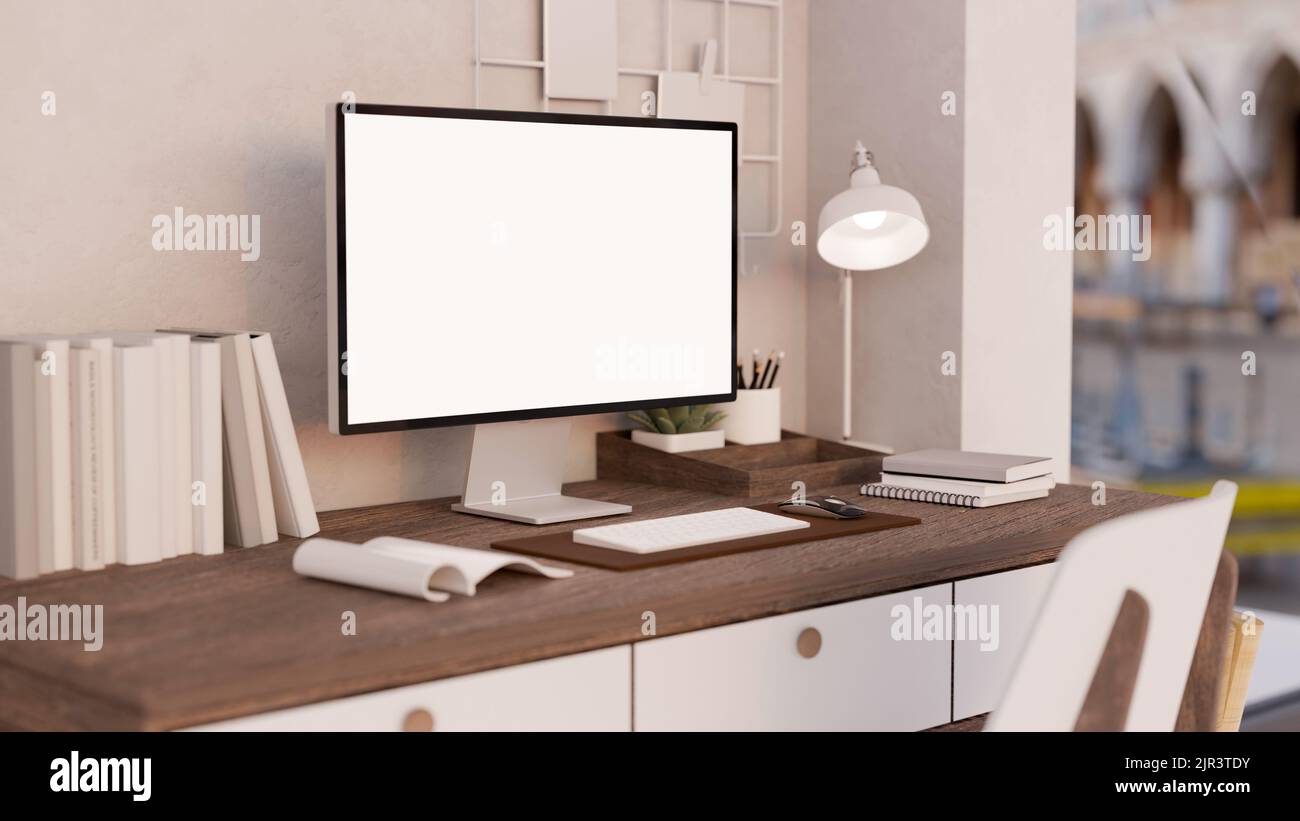 Cozy minimal home office workplace interior design with modern PC ...