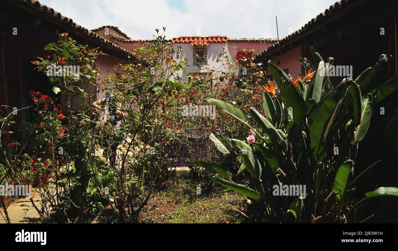 stone fountain, in old mexican house, latin america, with decorated ...