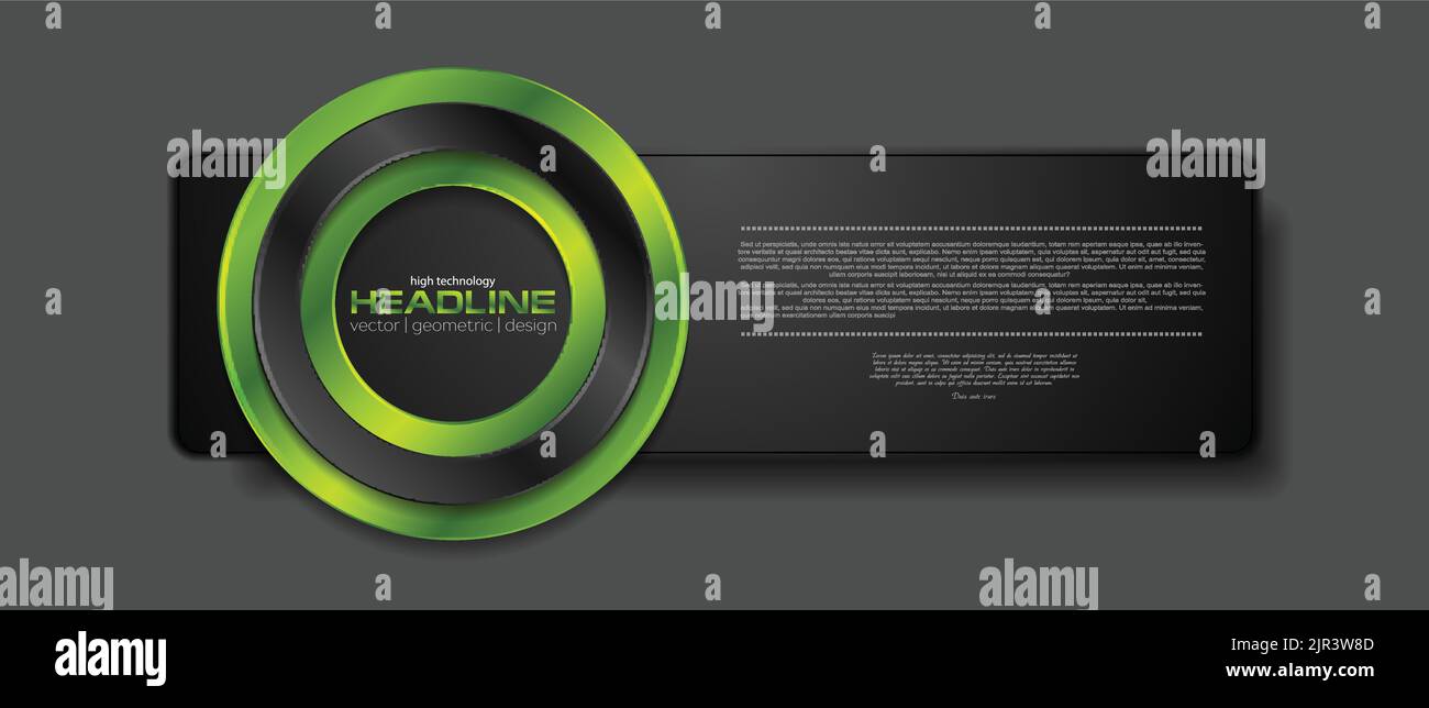 Abstract black tech banner with green glossy circle. Vector background ...
