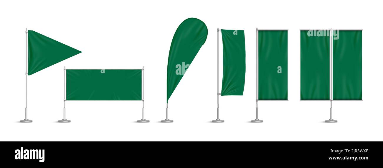 Green vinyl flags and set banners on metallic pole. Vector realistic ...