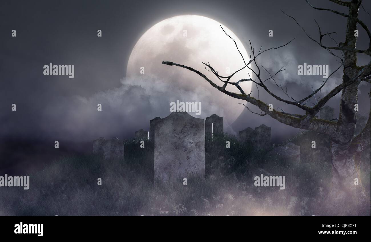 full moon night at grave halloween poster design, 3d illustration ...