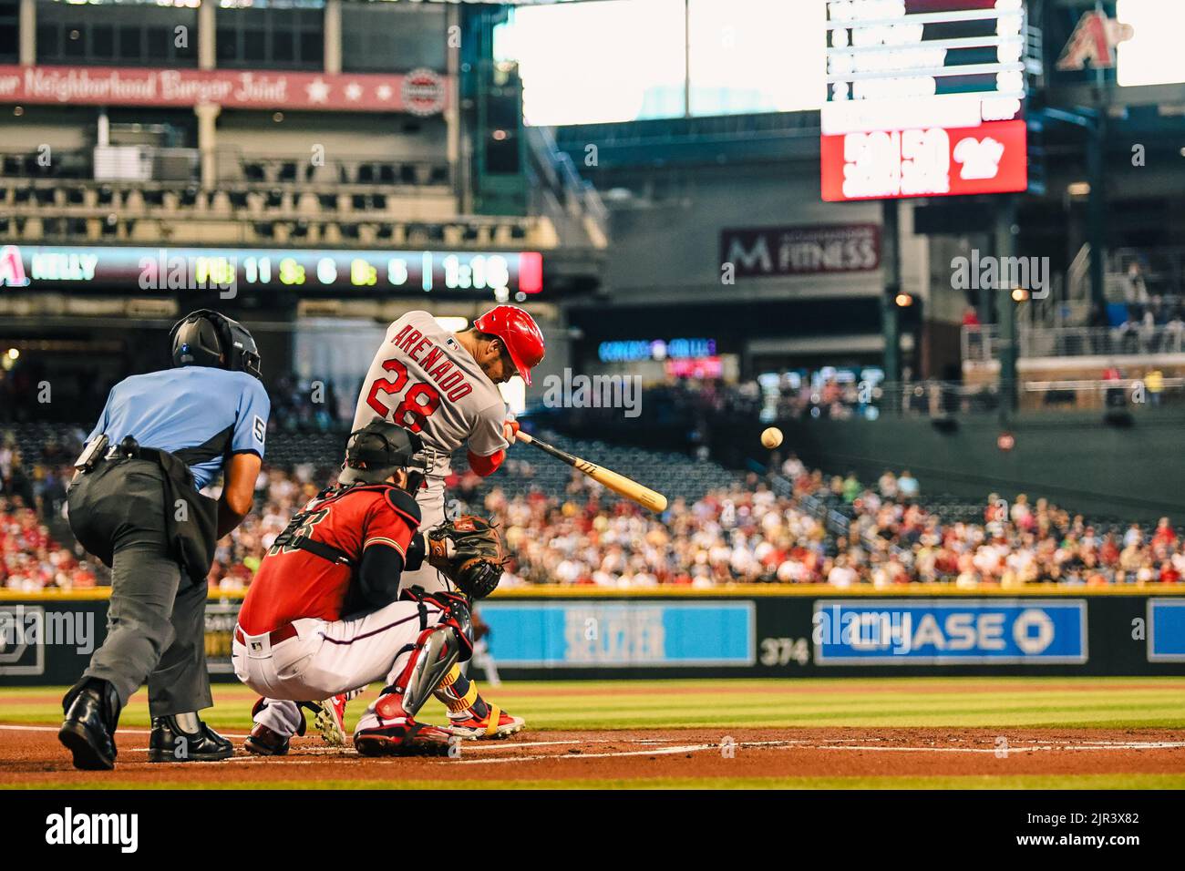 St. Louis Cardinals designated hitter Nolan Arenado (28) hits a single ...
