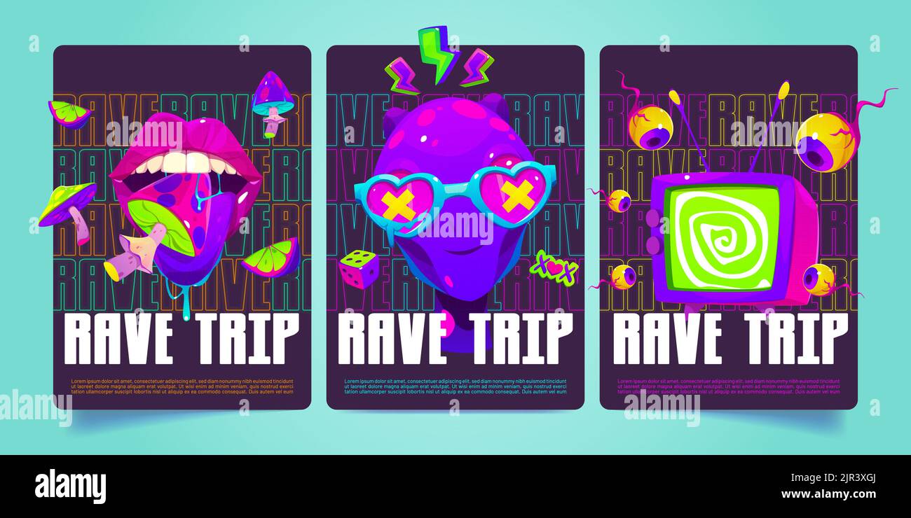 Rave trip psychedelic posters, hippie party invitation flyers with ...