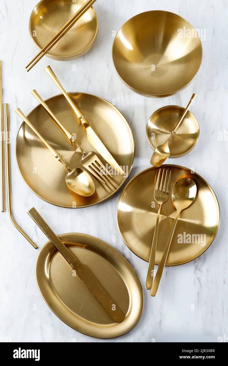 Top View Various Gold Korean Dish with Sujeo Spoon and Chopstick. On ...