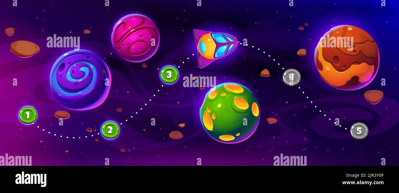 Space game ui level map with shuttle flying at alien planets. Arcade with spaceship, rocket ...