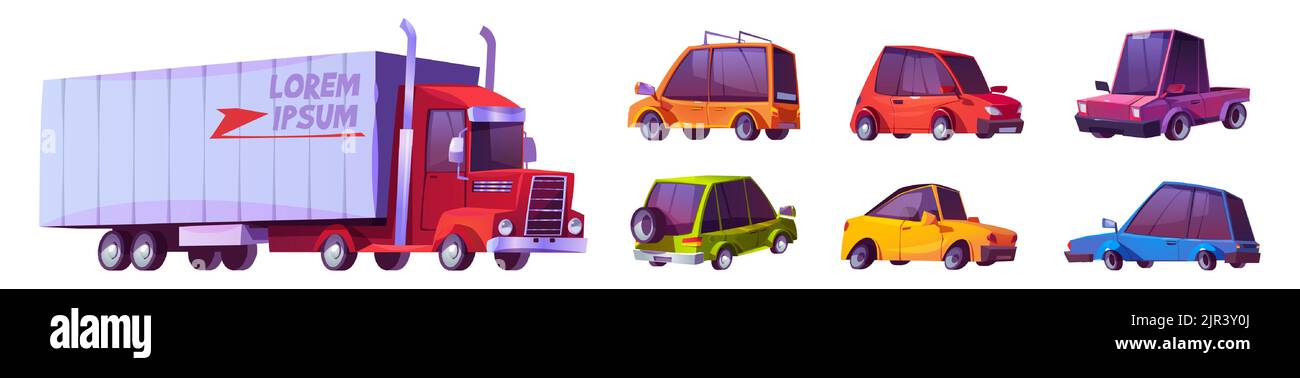 Modern cars and truck, motor vehicles in front, side and back view ...