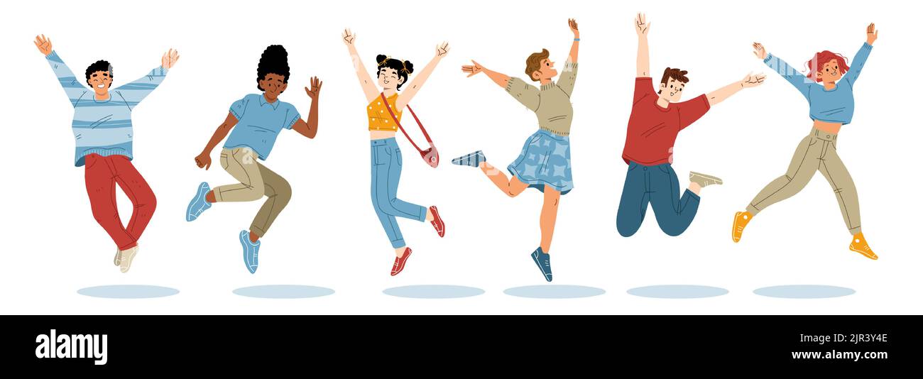 Happy people jump with raised arms, cheerful characters feel positive ...