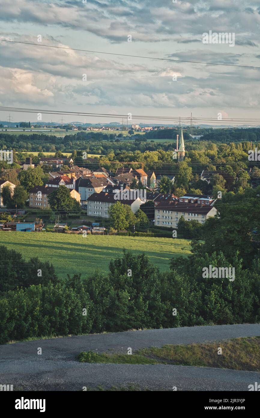 A scenicvertical shot of beautiful colliery houses surrounded with ...