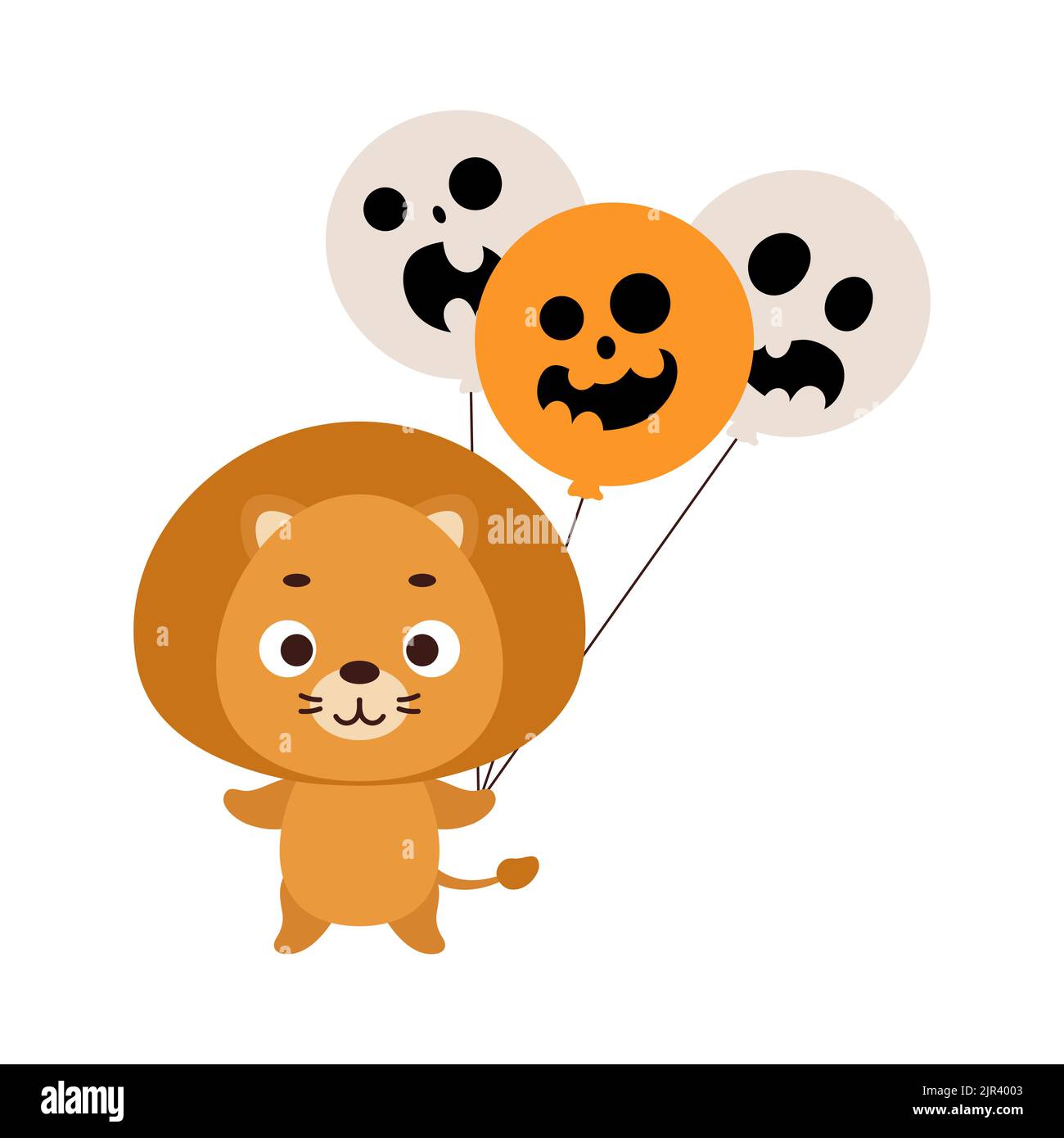 Cute little lion holding Halloween balloons. Cartoon animal character ...