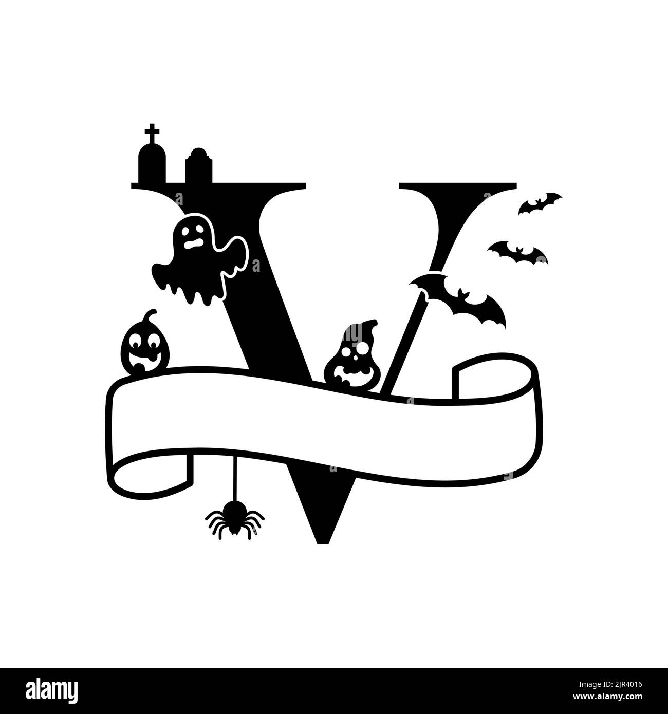 Cute Halloween letter V split monogram. Cartoon ghost, pumpkin, bat for ...