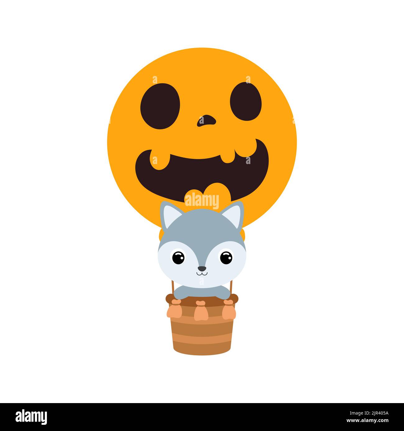 Cute little wolf flying on Halloween hot air balloon. Cartoon animal ...