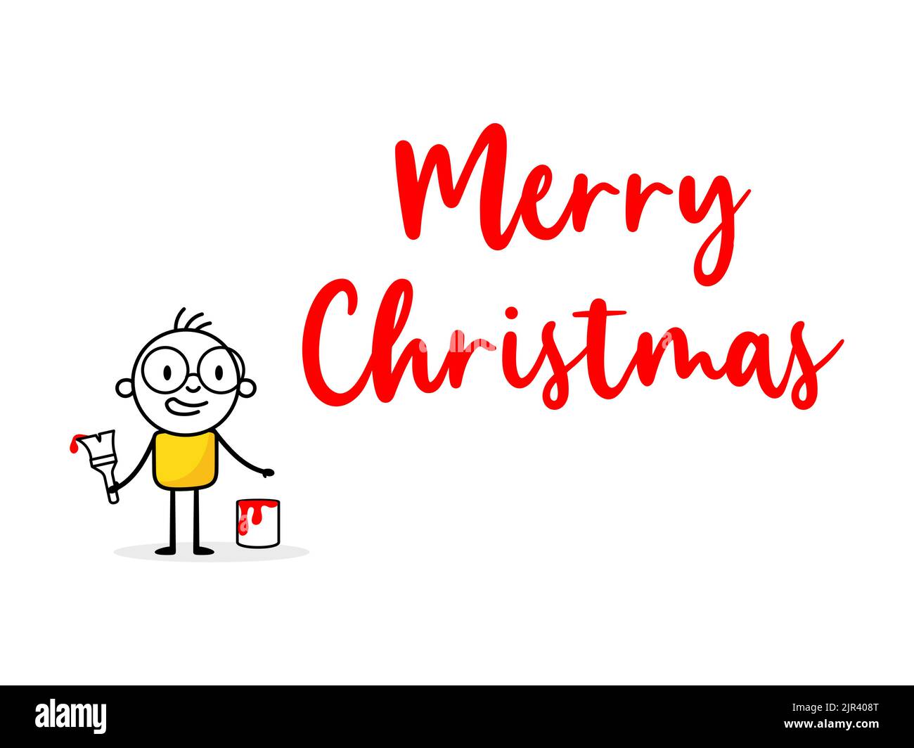 Man draws red words Merry Christmas. Cartoon Christmas character ...