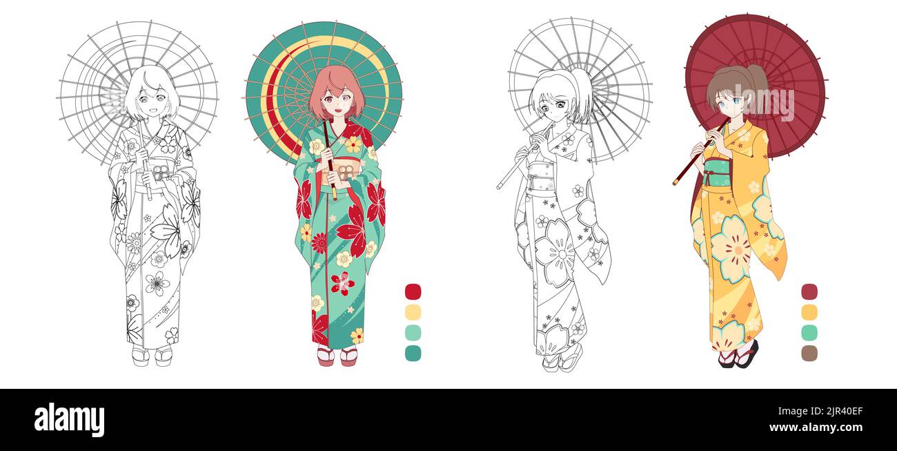Anime manga girl wearing Japanese kimono. Contour vector illustration ...