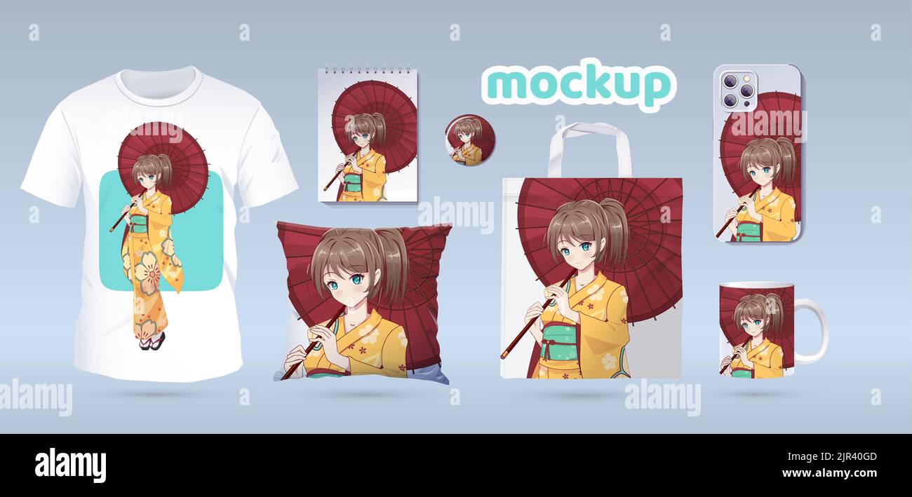 Anime Manga girl in traditional kimono. Identity branding mockup set ...