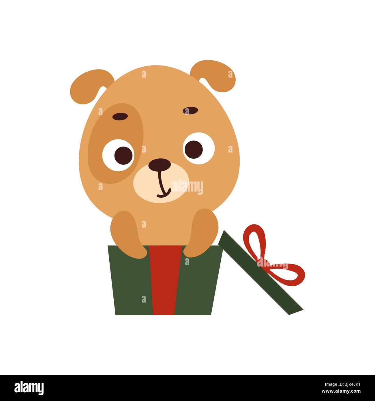 Cute little dog sitting in gift box. Cartoon animal character for kids ...