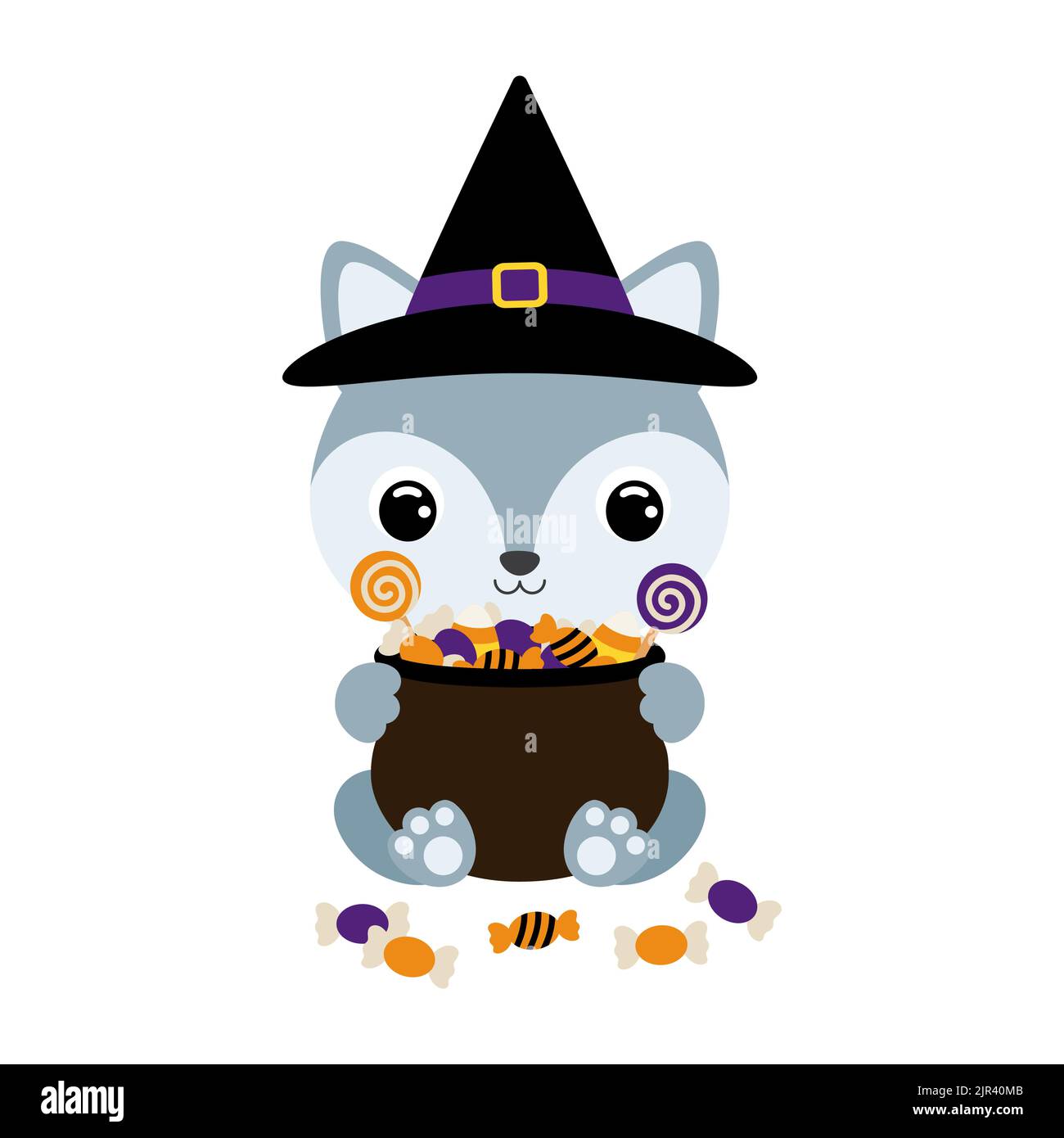 Cute Halloween wolf in witch hat holding a pot with candies. Cartoon ...