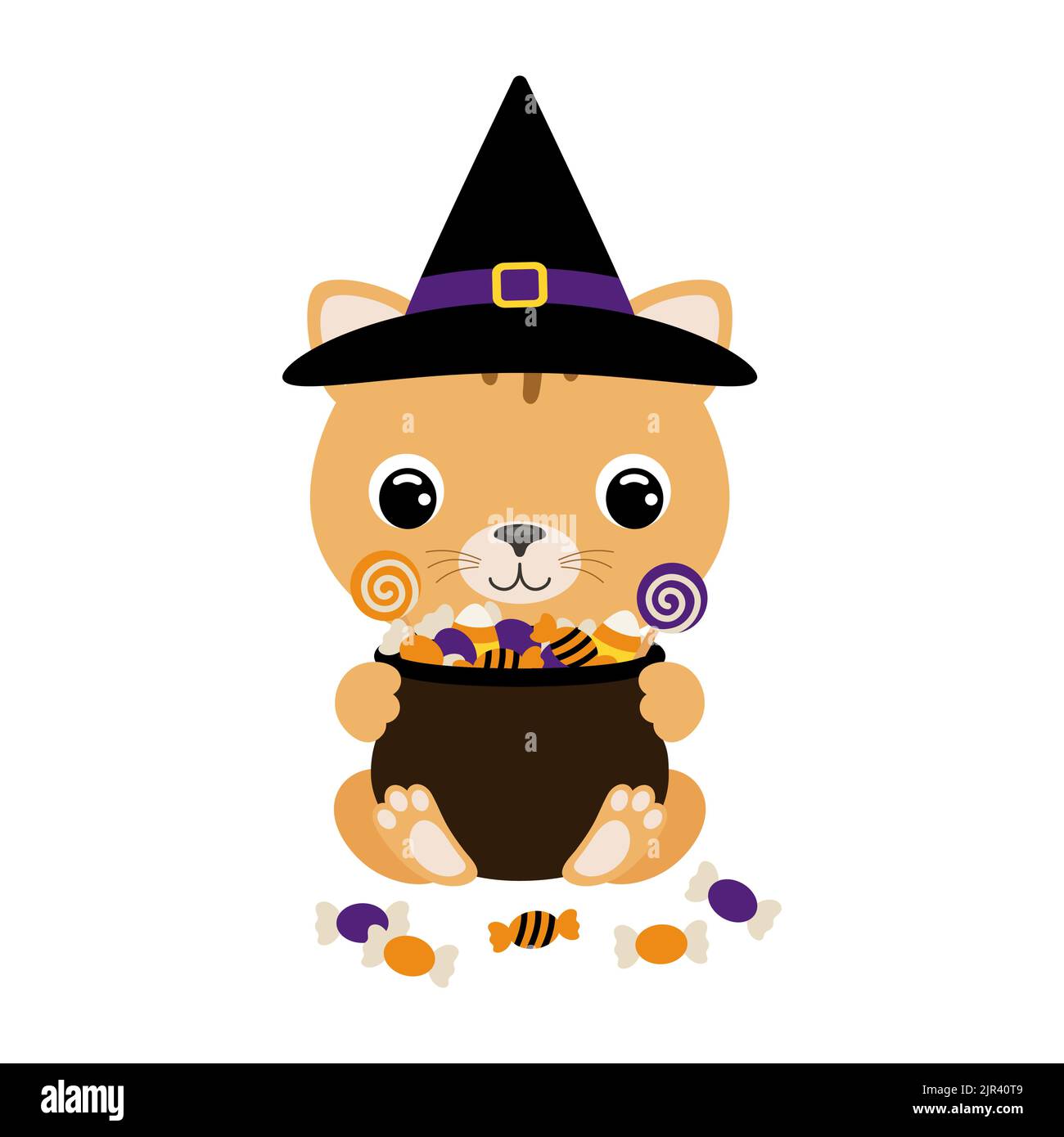 Cute Halloween cat in witch hat holding a pot with candies. Cartoon ...