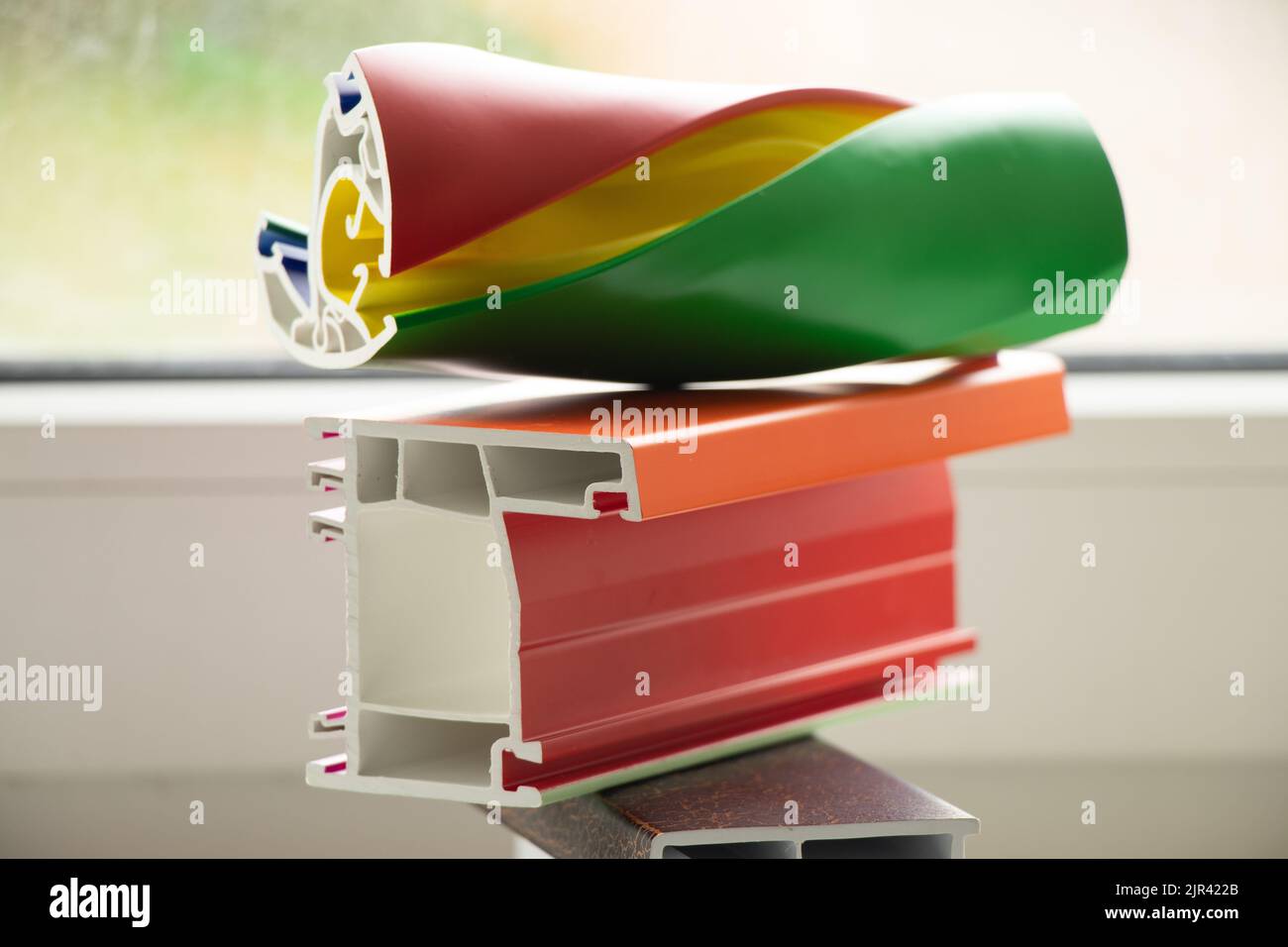 samples of the window frame lie on the window sill on the window in the ...