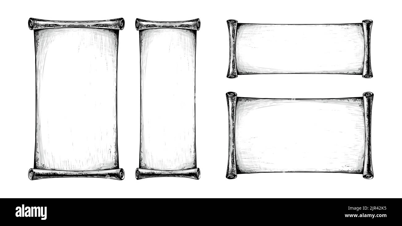 Set of unfolded rolls of paper, papyrus scroll, ancient parchment with space for text. Hand ...