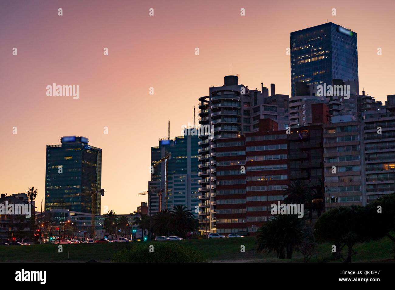 The scene of the Montevideo downtown in the sunset, the architecture in ...