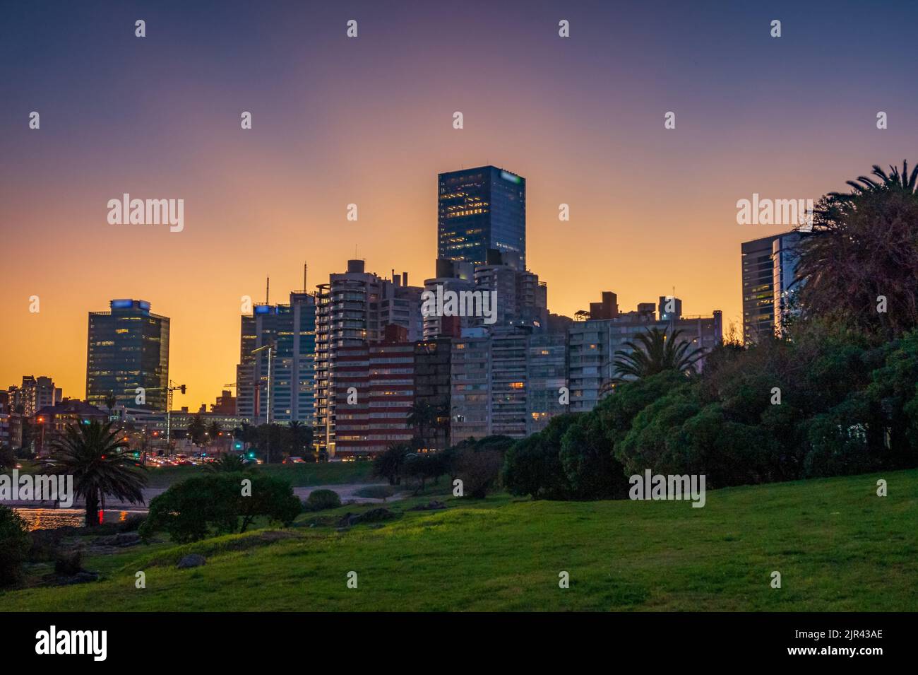 The scene of the Montevideo downtown in the sunset, the architecture in ...