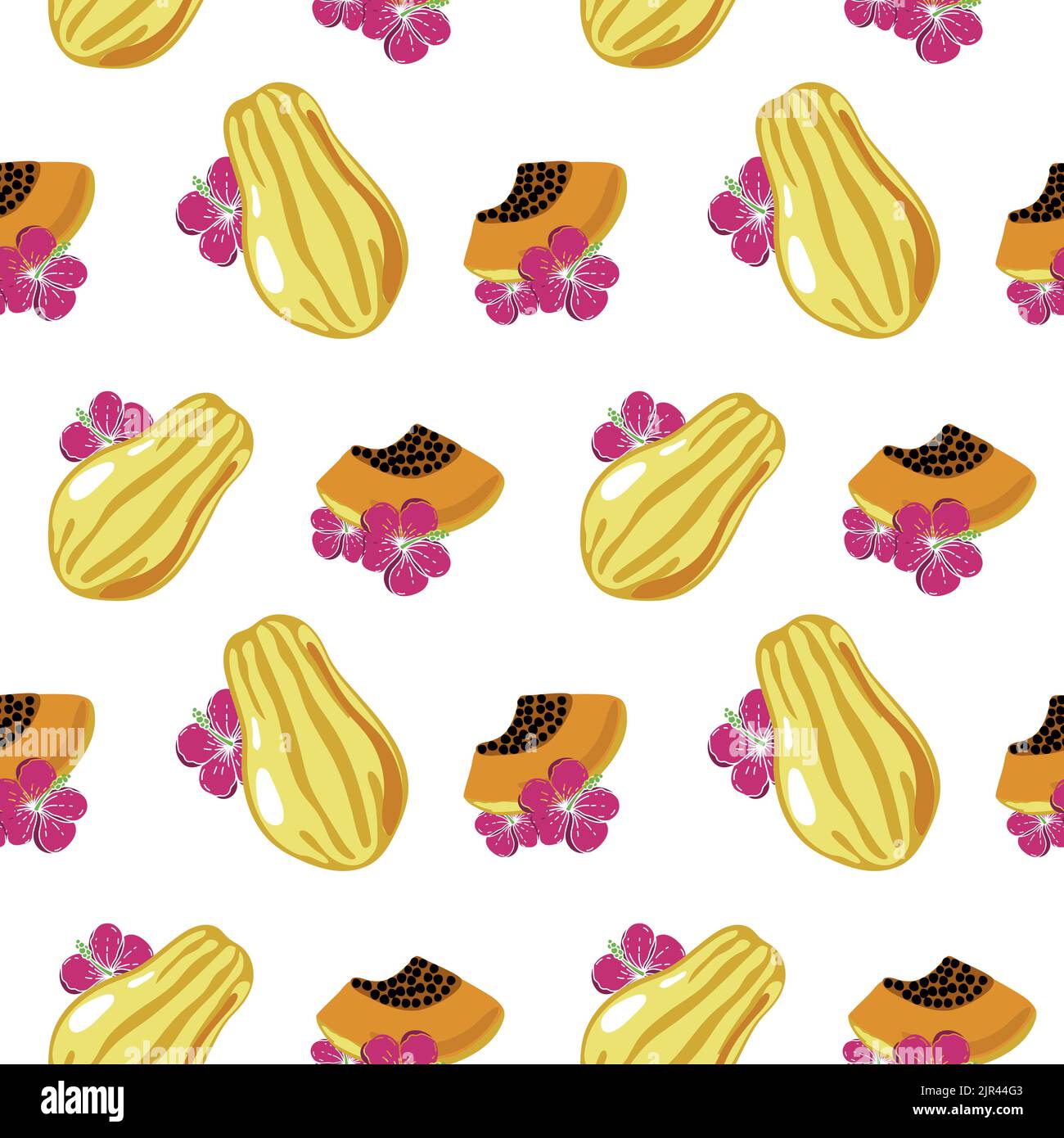 Seamless papaya and hibiscus pattern, sketchy drawn elements. Whole ...