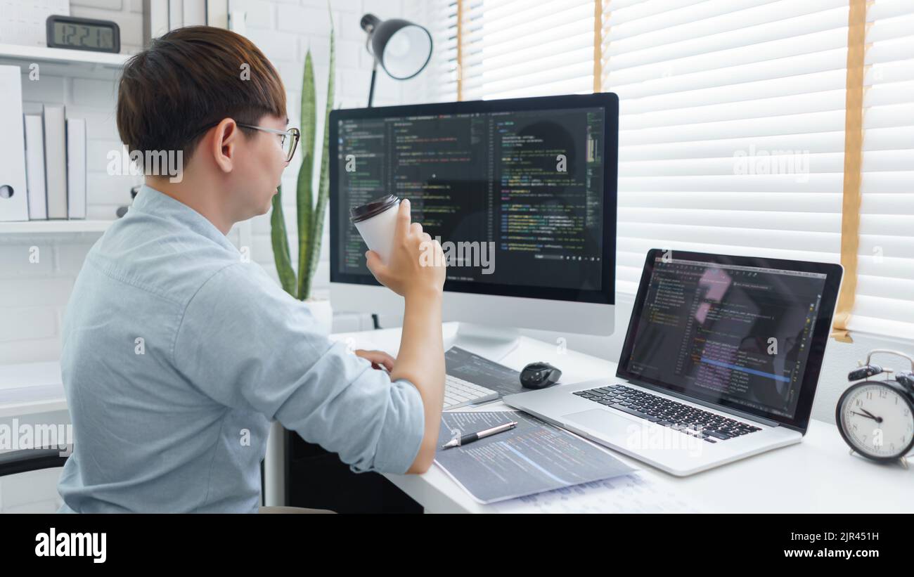 Software development concept, Male programmer checking website ...