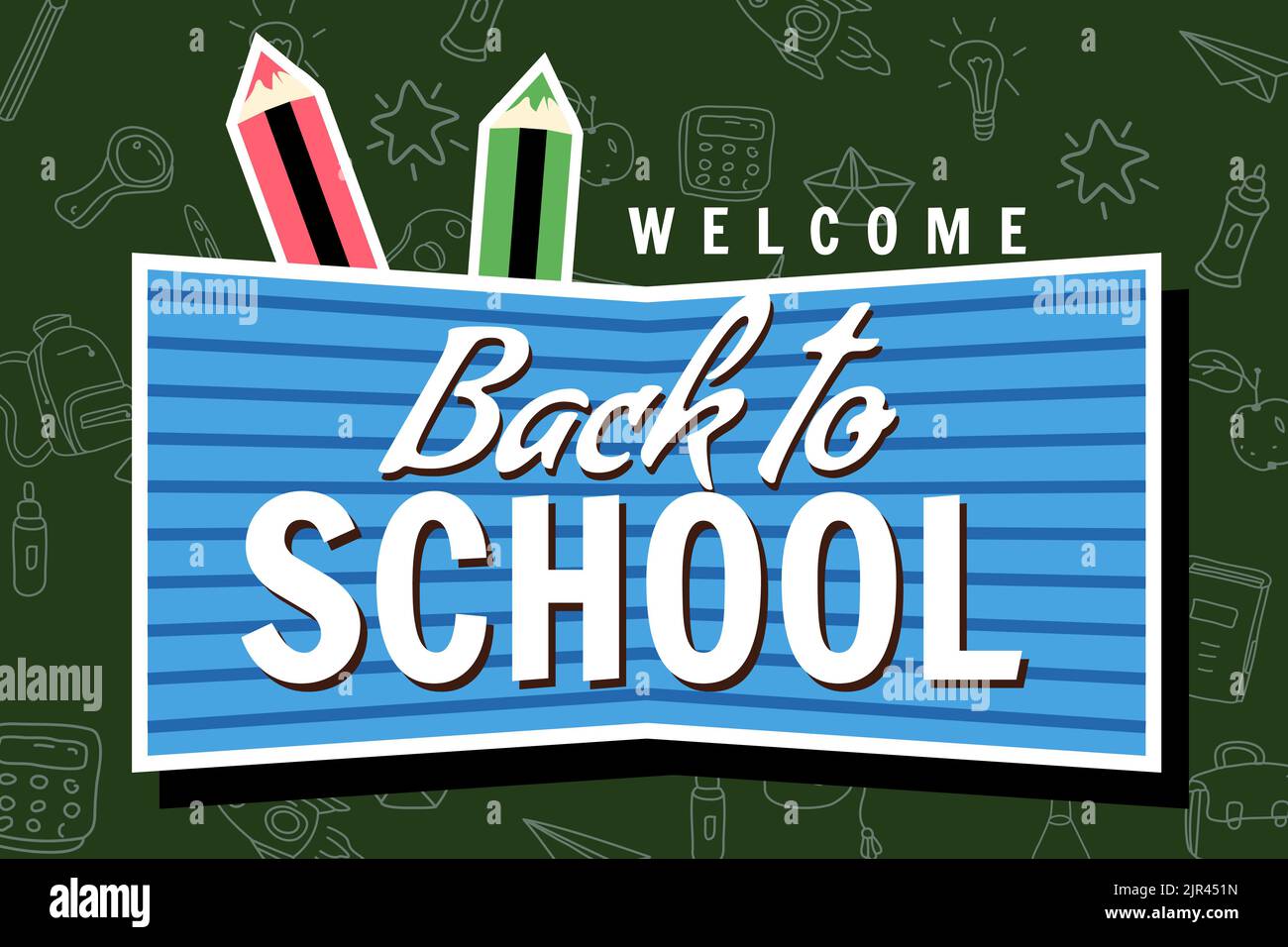 Welcome Back to school banner, retro. Background illustration icons ...