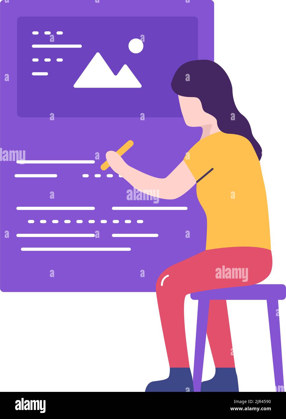 Woman copywriter working on content vector icon. Creative writer making ...