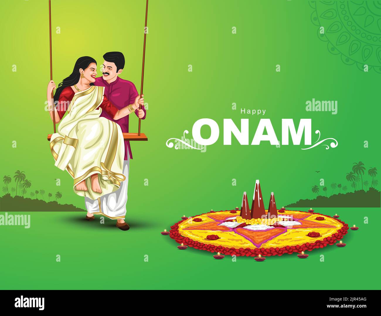 happy onam greetings vector illustration. illustration of Kerala family on swing Stock Vector ...