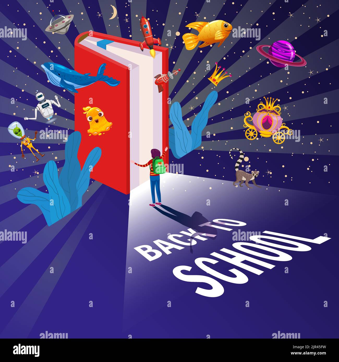Welcome Back to school, Book Inspiration poster. Kids space imagination ...