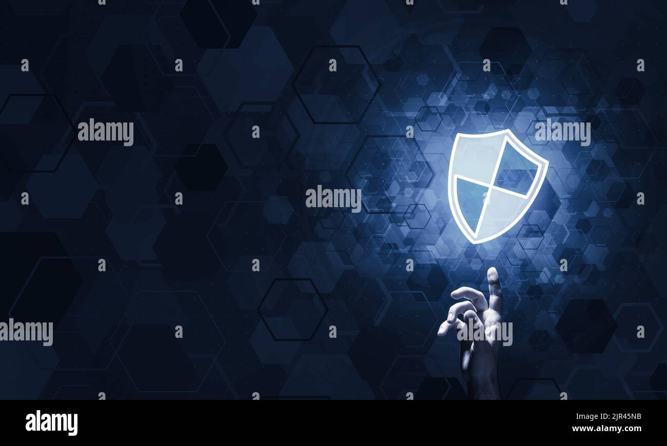 Blue shield icon as symbol of access protection on dark background ...
