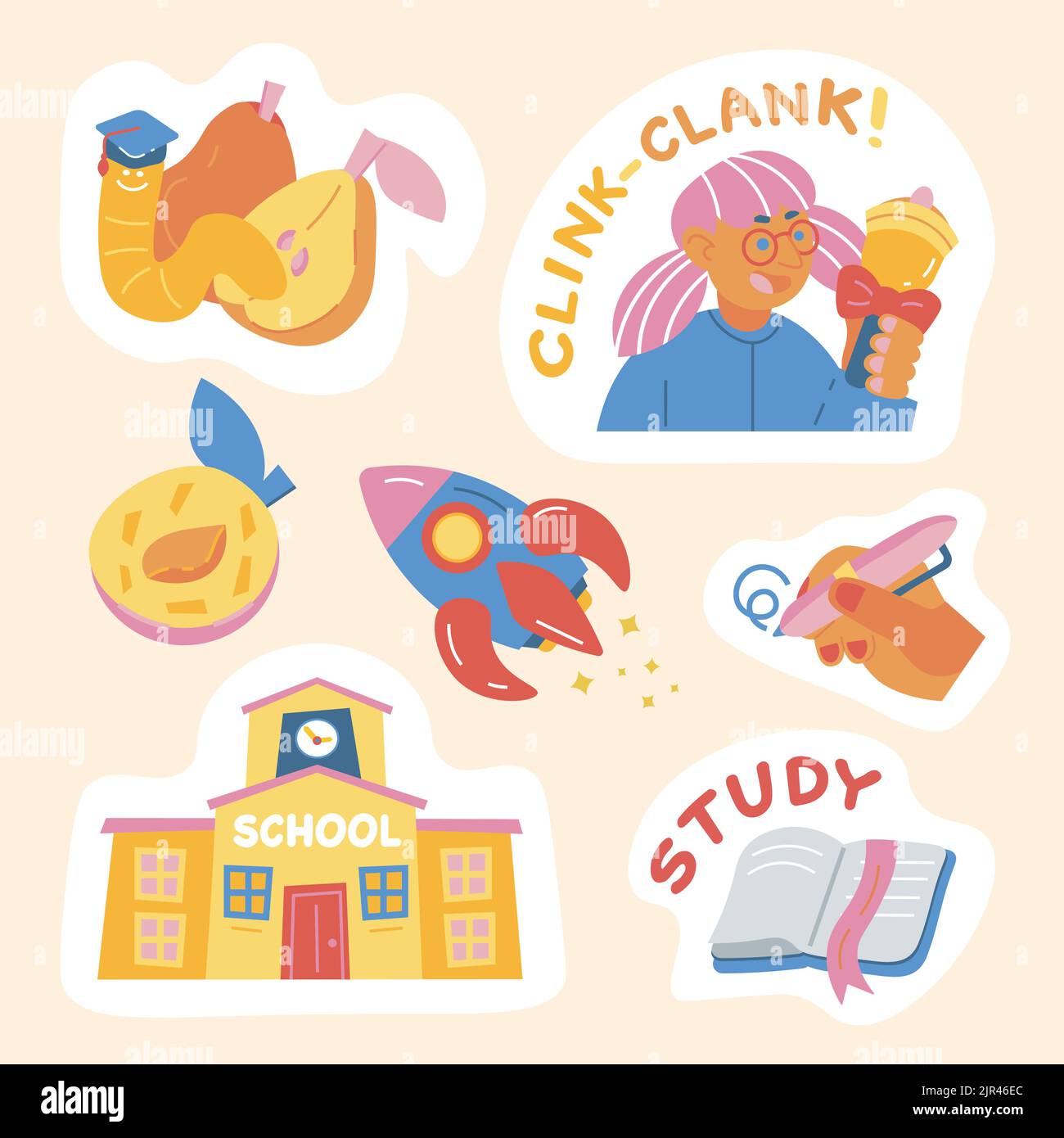 school themed sticker set girl with bell school textbook Stock Vector ...