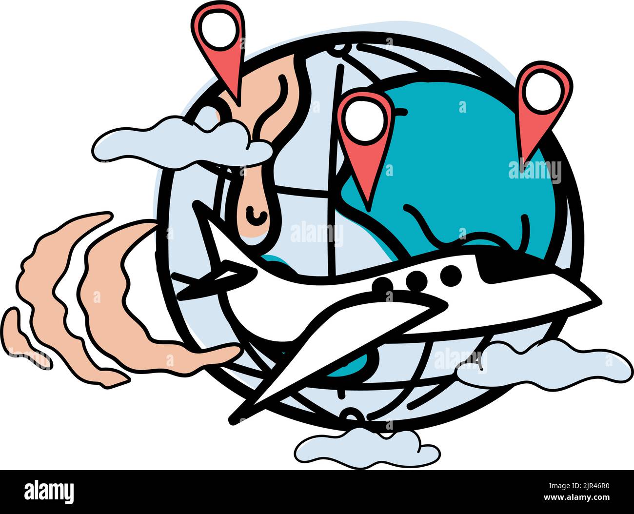 Flying airplane around the globe, hand-drawn doodle. Concept of around ...