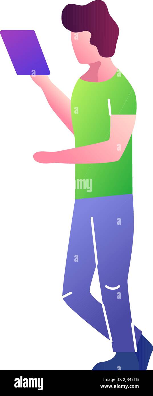 Man working mobile tablet flat vector icon. Chat bot ai development and ...