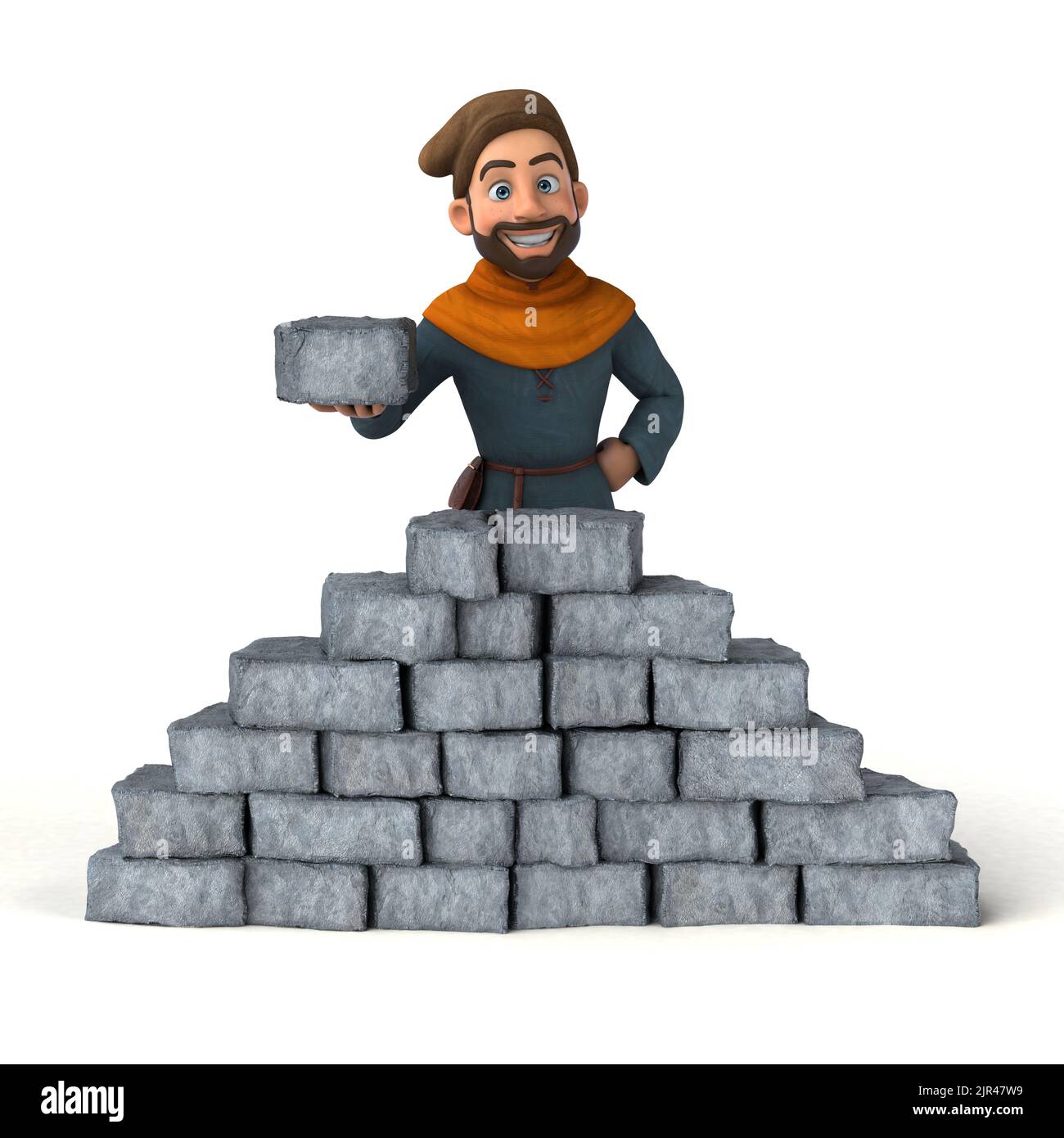 Fun 3D cartoon medieval man building a wall Stock Photo - Alamy
