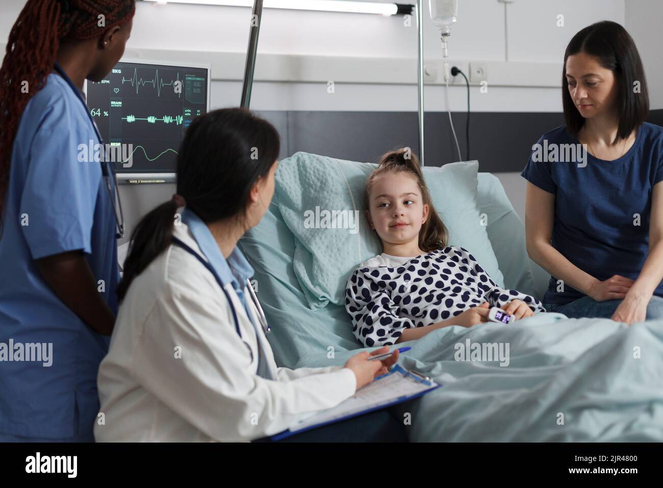 Pediatrist examining sick little girl disease symptoms in children ...