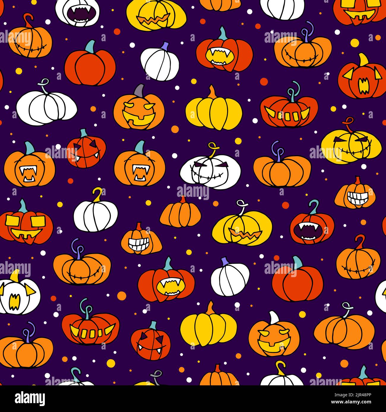 Seamless halloween scary orange pumpkin pattern. Funny, creepy, smiling ...